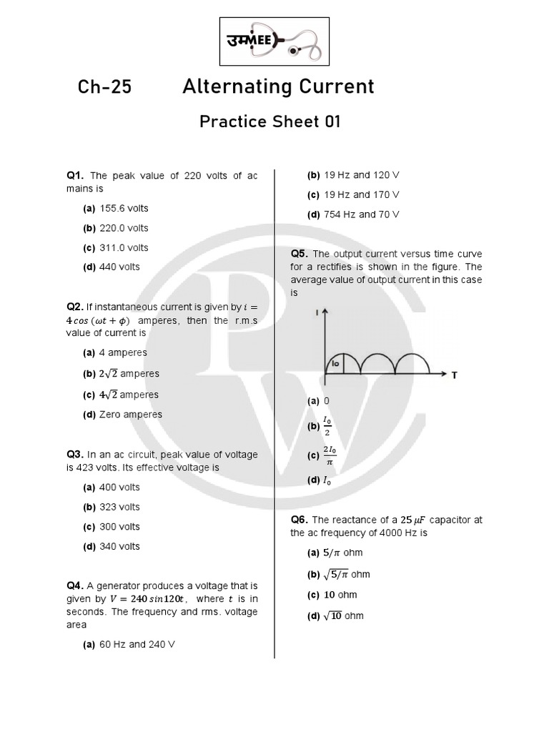 Alternating Current - Practice Sheet - UCH25DPP01 | PDF | Inductor ...