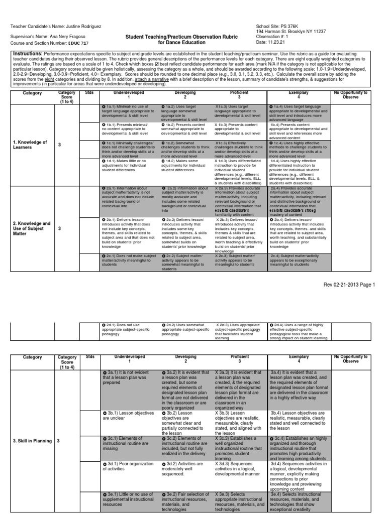 EDUC 717: Student Teaching/Practicum Observation Rubric For Dance ...