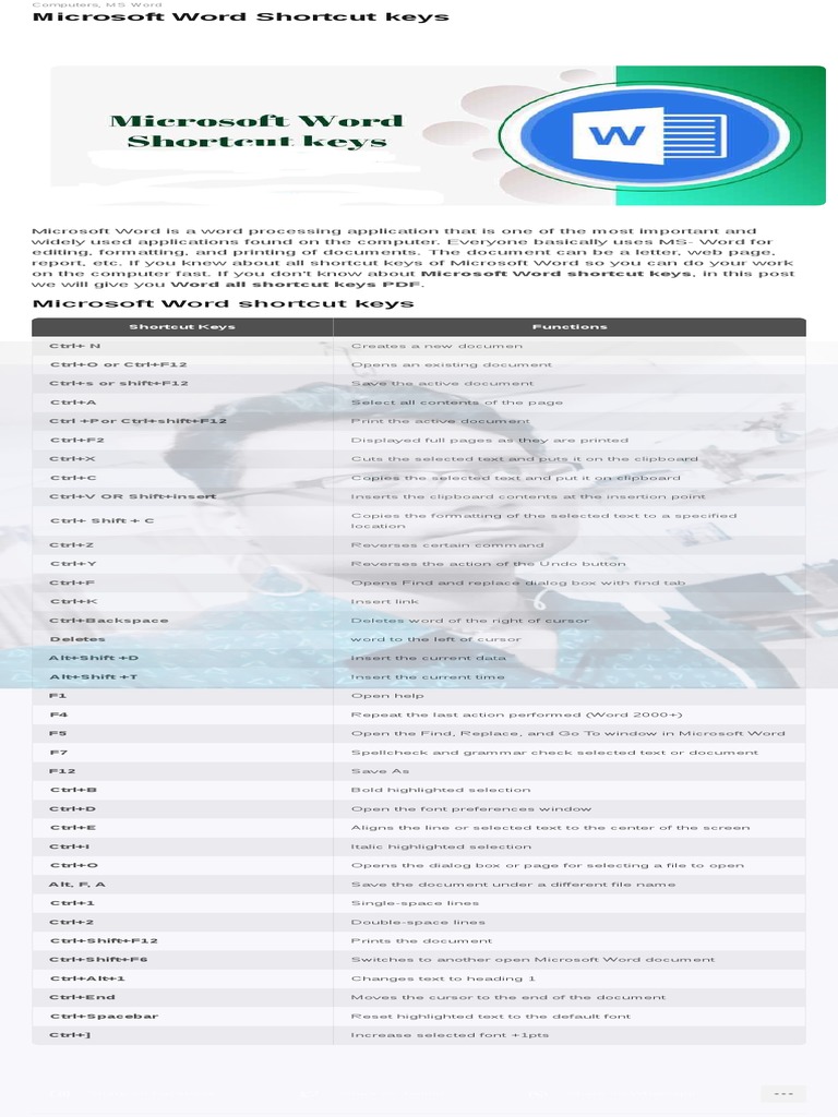 Microsoft Word Shortcut Keys | PDF | Microsoft Word | Keyboard Shortcut