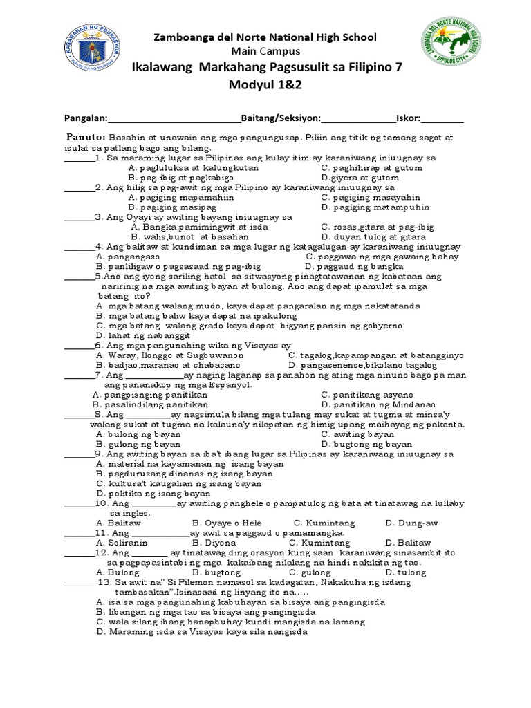Fil7 Q2 Unang-Lagumang-Pagsusulit | PDF