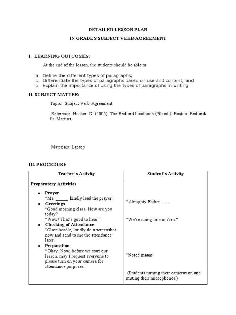 Detailed Lesson Plan in Grade 8 Subject Verb-Agreement | PDF ...