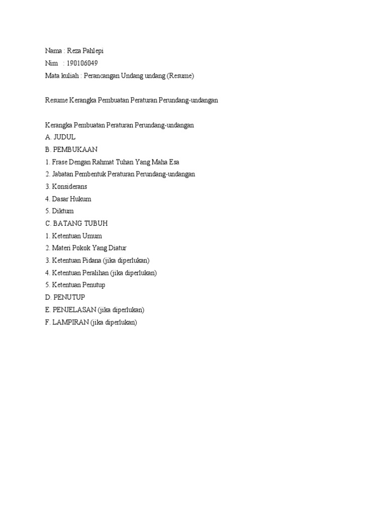 Reza Pahlepi Kerangka Peraturan Perundang Undangan (Resume) | PDF | Hukum