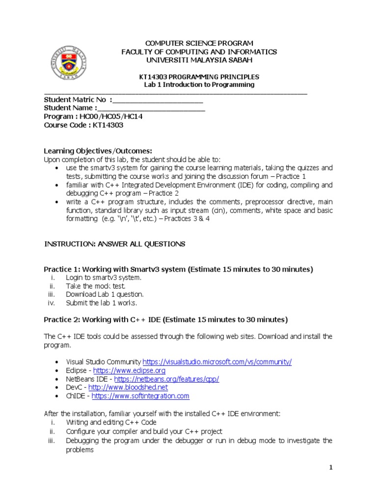 UMS Computer Science Lab 1 Introduction | PDF | Integrated Development ...