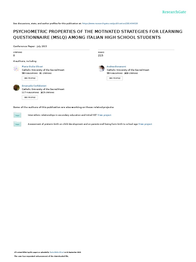 MSLQ Psychometric Analysis in Italy | PDF | Psychometrics | Validity ...