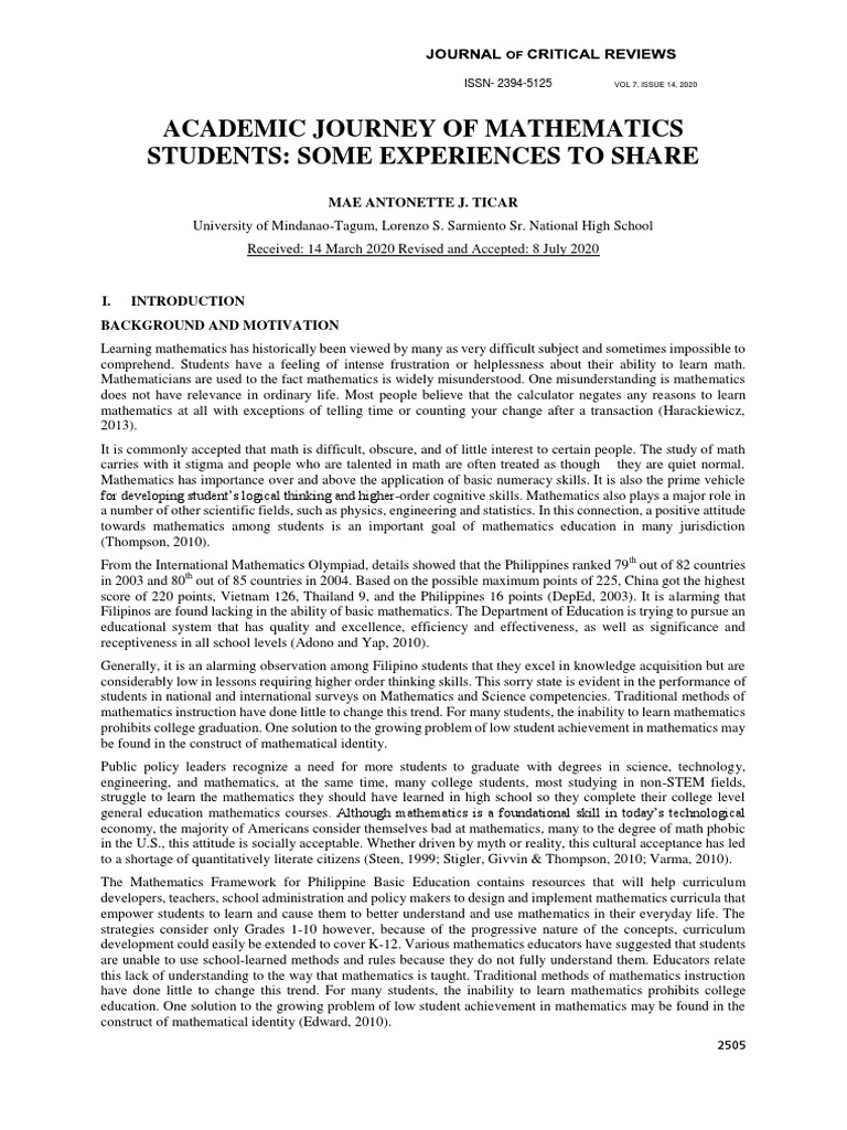 Academic Journey of Mathematics Students: Some Experiences To Share ...