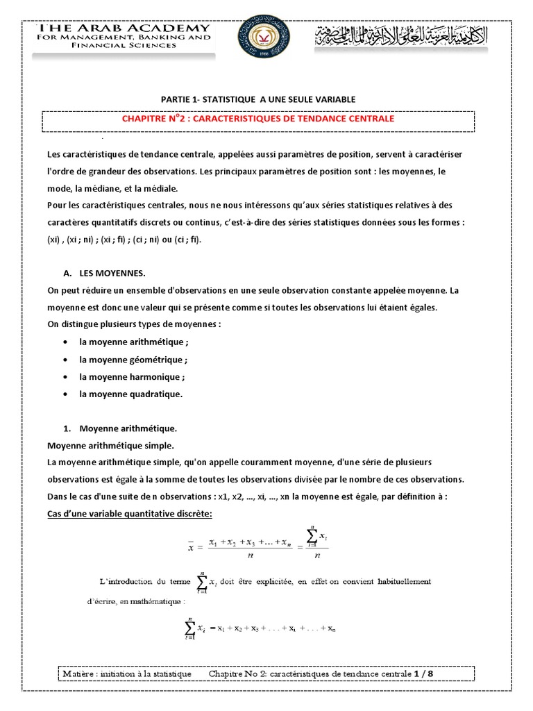 Caractéristiques de tendance centrale | PDF | Moyenne | Médiane ...