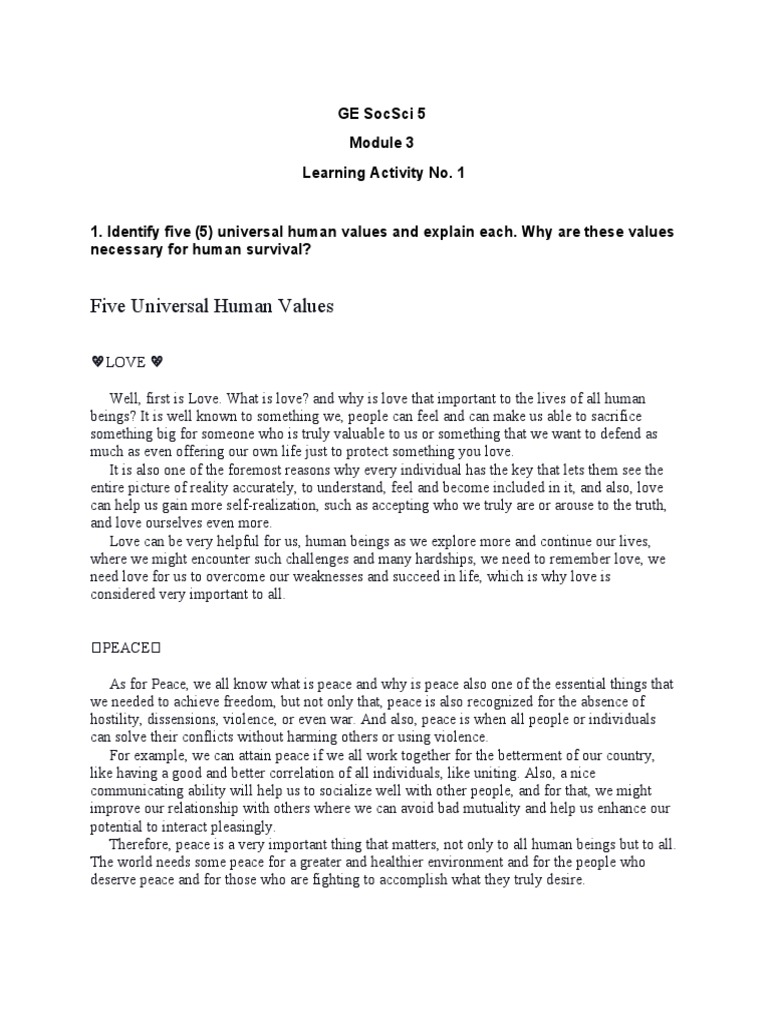 Five Universal Human Values | PDF | Truth | Nonviolence