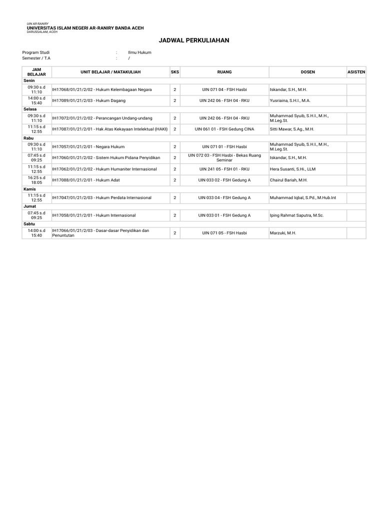 Roster Jadwal Perkuliahan | PDF