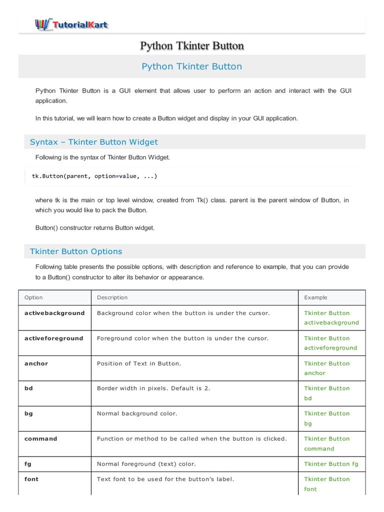 Python Tkinter Button | PDF | Button (Computing) | Cursor (User Interface)