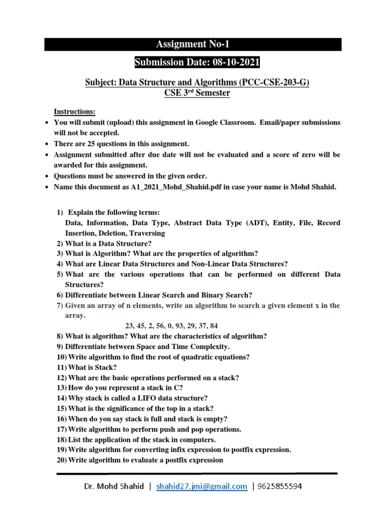 Assignment No-1 Submission Date: 08-10-2021: Subject: Data Structure ...