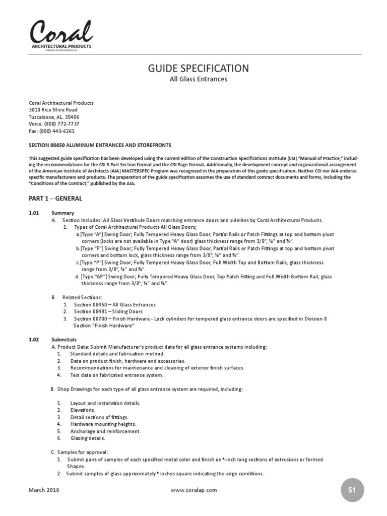 All Glass Entrance - CSI - Specs | PDF | Door | Building Engineering