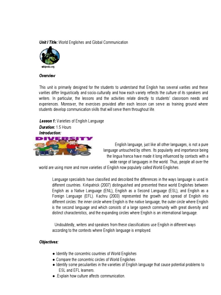 Unit I Title: World Englishes and Global Communication | PDF | English ...