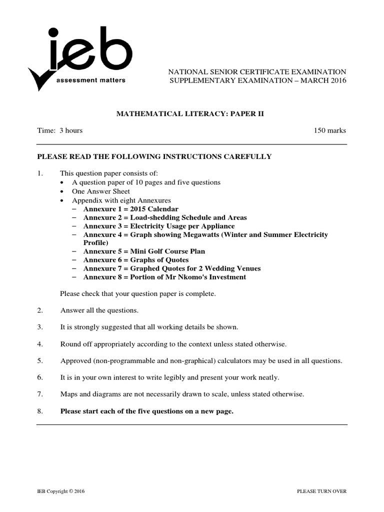 Math Lit P2 Sup 2016 | PDF | Watt | Value Added Tax