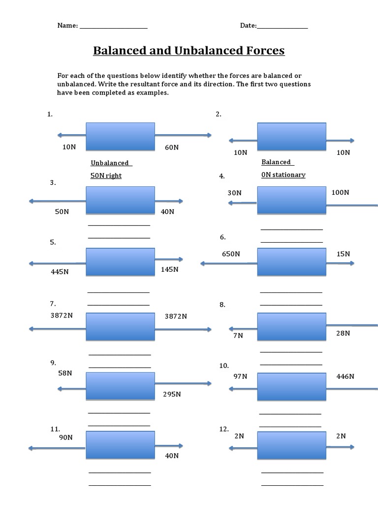 Balanced and Unbalanced Forces Worksheet | PDF