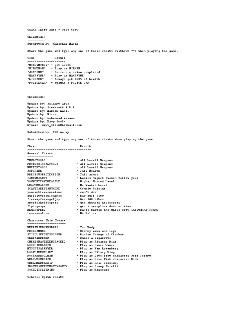 Vice City Cheat Codes | PDF