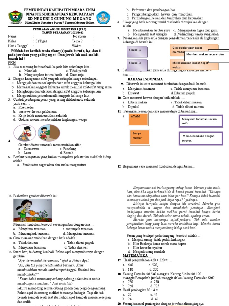 Soal PAS Tema 2 Kelas 3 Semester 1 Final | PDF
