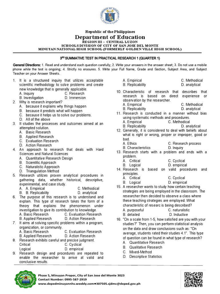 Pr1 St3q1 Summative Test | PDF | Scientific Method | Science