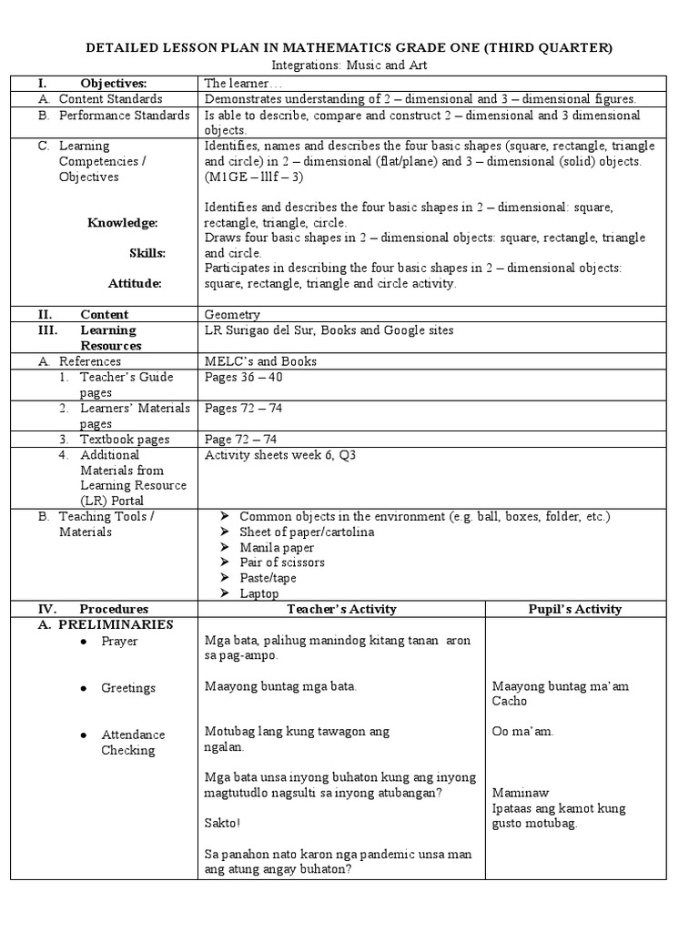 Detailed Lesson Plan in Mathematics Grade One (Third Quarter) I ...
