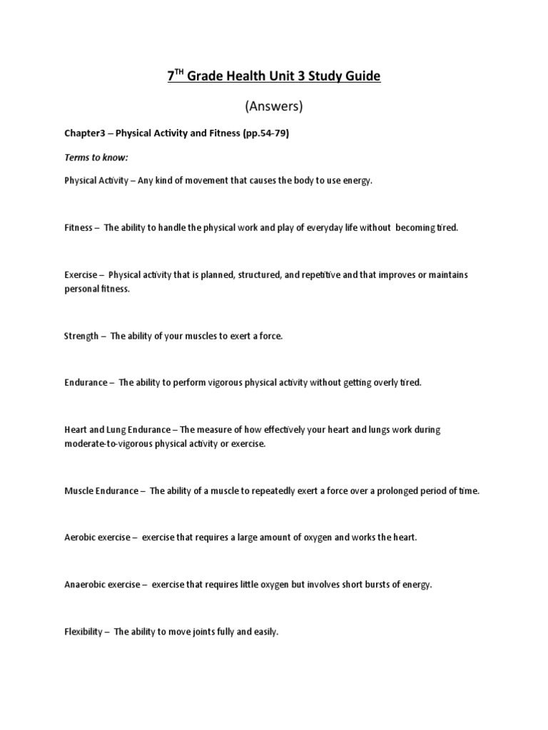 7TH Grade Health Unit 3 Study Guide Answers | PDF | Muscle | Fat