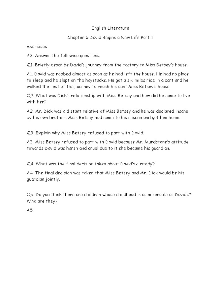 English Literature Chapter 6 David Begins A New Life Part 1 Ques and ...