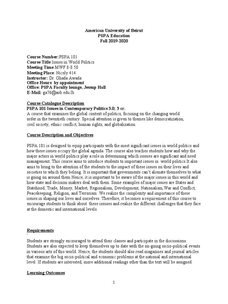 PSPA 101 Syllabus Fall 2019-2020 Ghada Awada | PDF | Test (Assessment ...