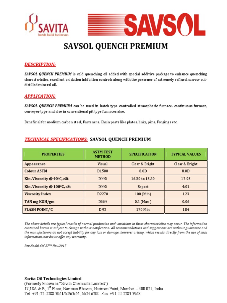 Savsol Quench Premium Specifications | PDF | Science & Mathematics