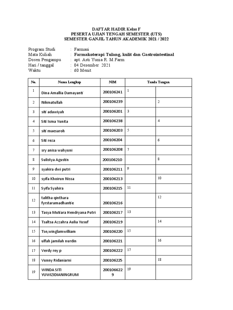 DAFTAR HADIR Kls F | PDF