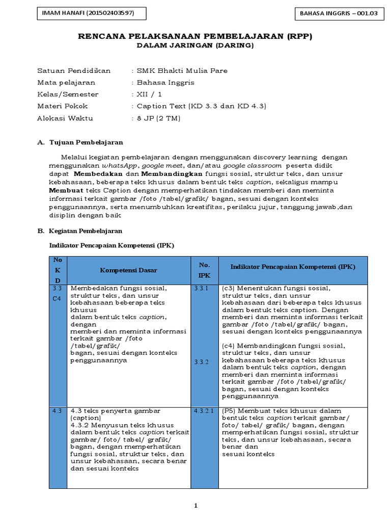 RPP Daring. Caption. | PDF | Seni