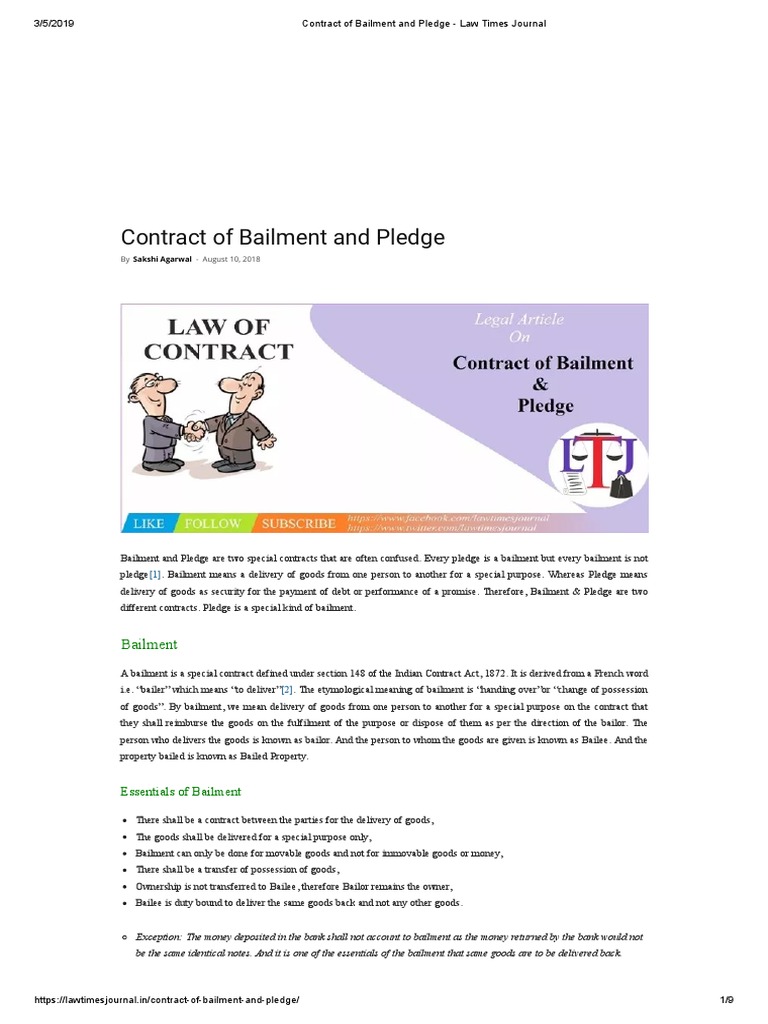 Contract of Bailment and Pledge - Law Times Journal | PDF | Property | Lien