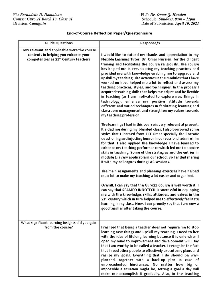 End-of-Course Reflection Paper/Questionnaire: Guide Questions Response ...