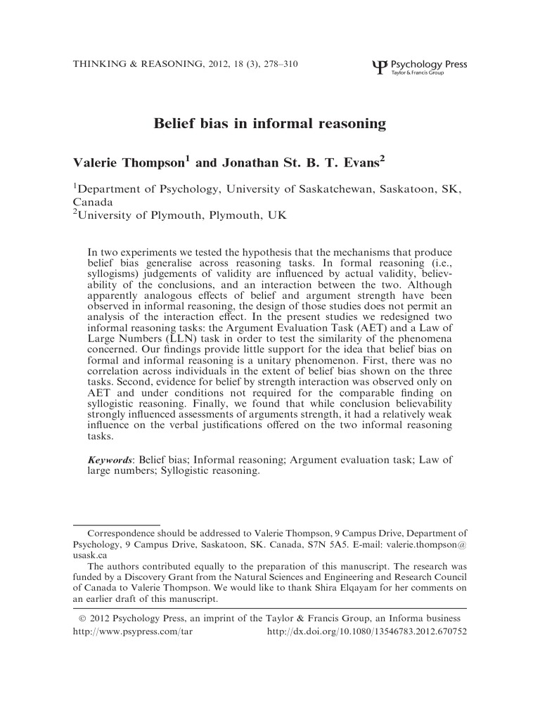 Belief Bias in Informal Reasoning | PDF | Argument | Cognition
