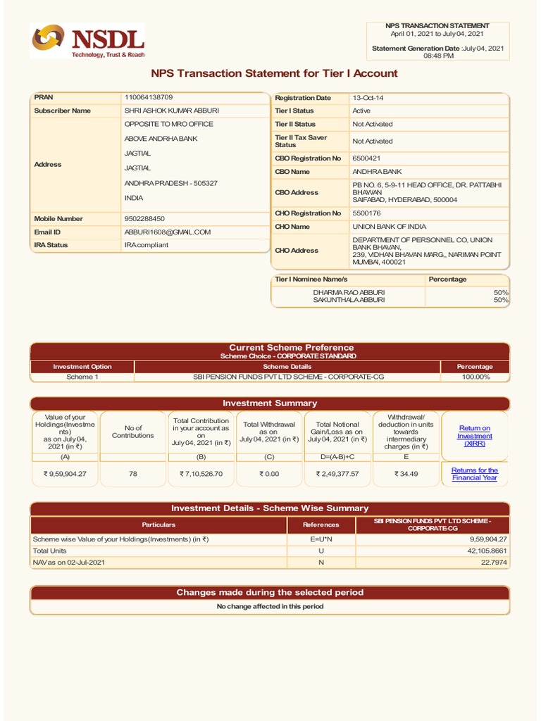 NPS Transaction Statement For Tier I Account: Current Scheme Preference ...