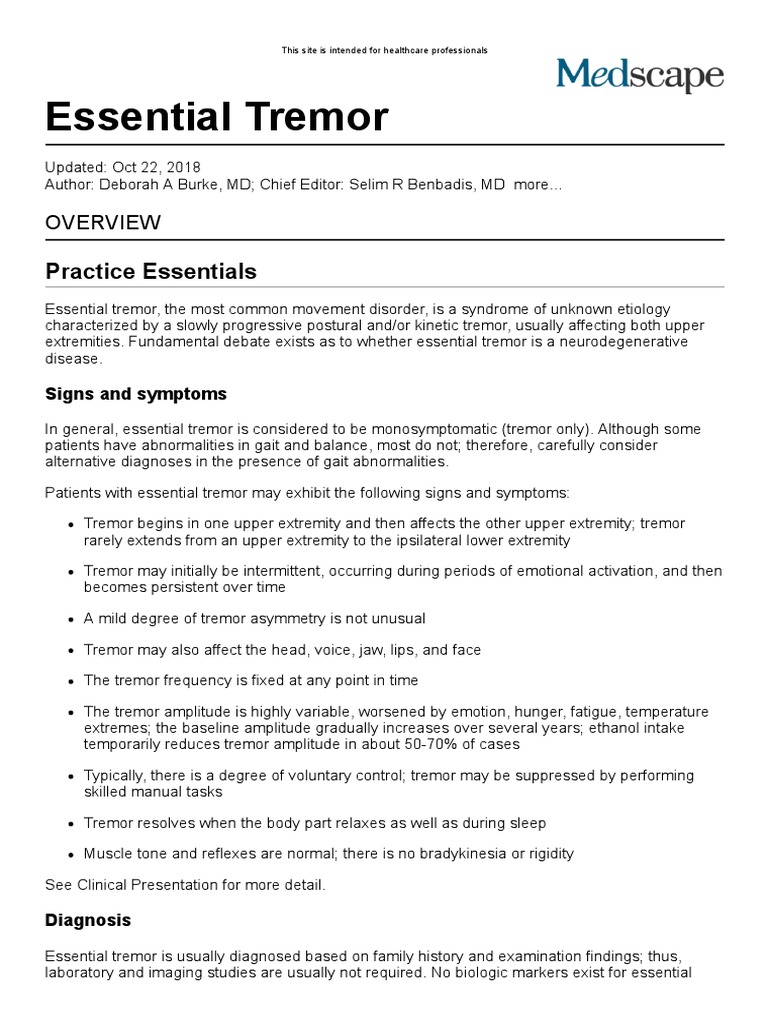 Essential Tremor - Practice Essentials, Background, Etiology | PDF ...