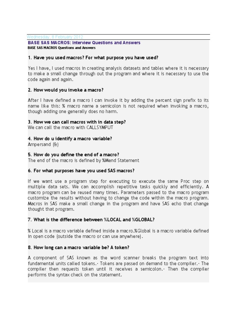 BaseSas and Macros Interview Quetions | PDF | Parameter (Computer Programming) | Sas (Software)