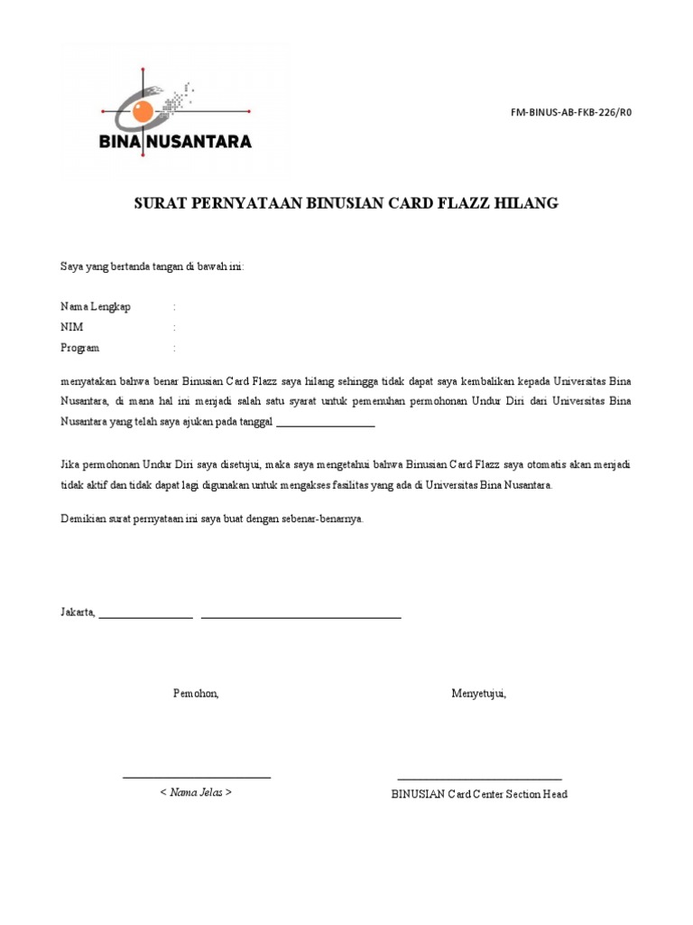 Surat Pernyataan Hilangnya Binusian Card Flazz untuk Pemenuhan ...