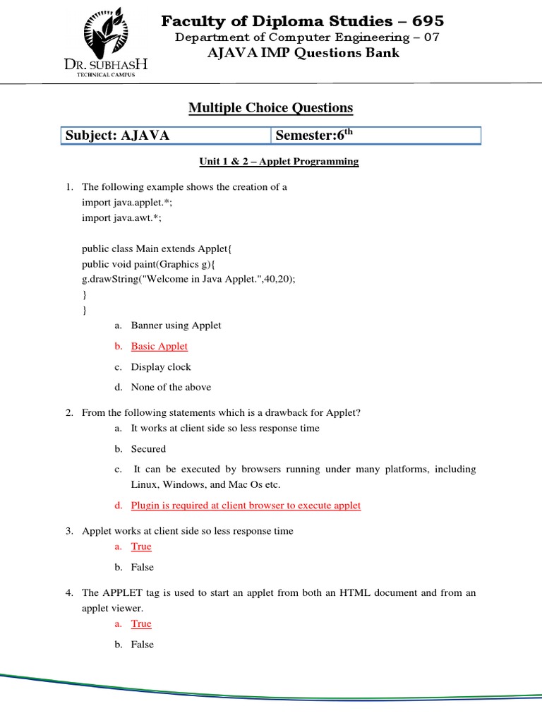 AJAVA IMP Questions Bank: An Extensive Collection of Multiple Choice Questions on Applet ...