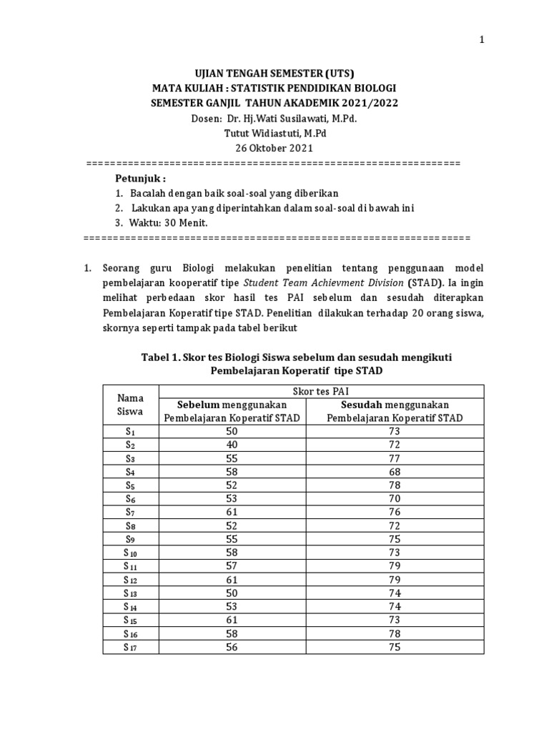 Soal Uts Statistik Pend Biologi 2021 | PDF