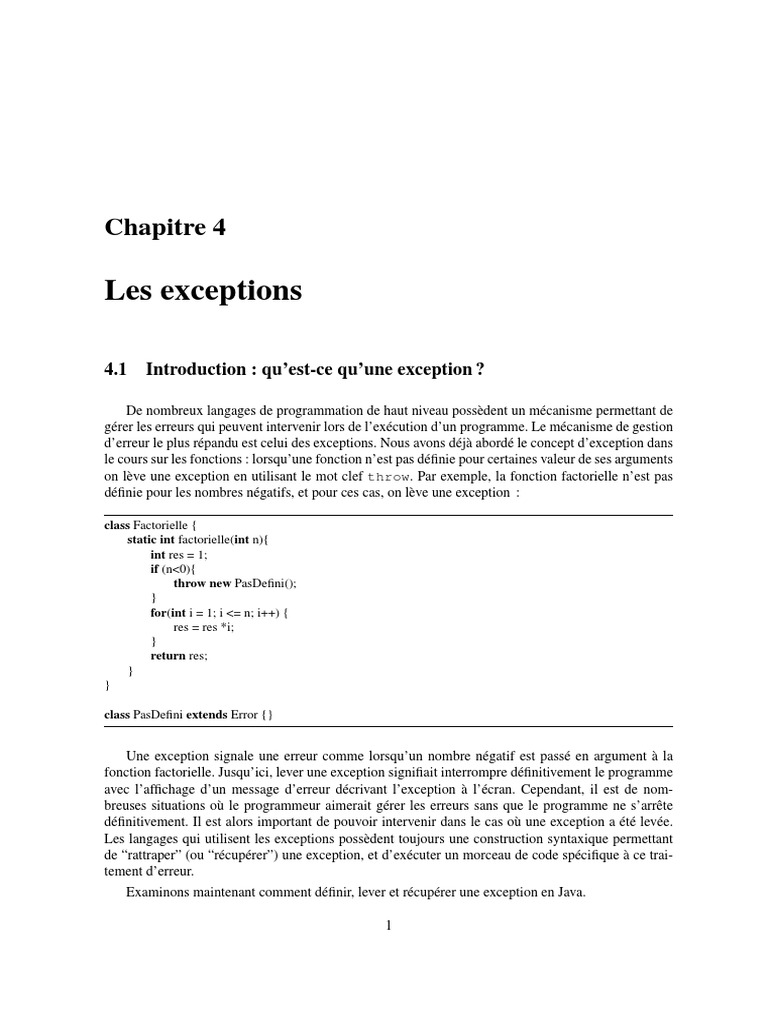 Cours Exceptions | PDF | Java (Langage de programmation) | Programmation informatique