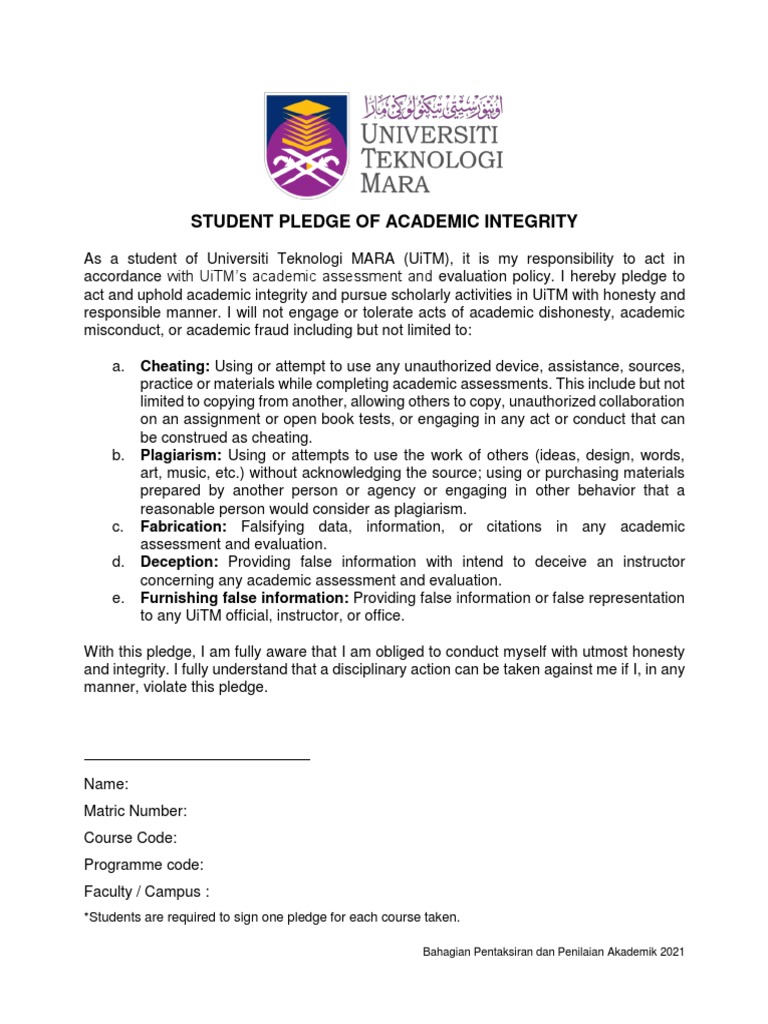 UiTM Student Academic Integrity Pledge | PDF | Career & Growth