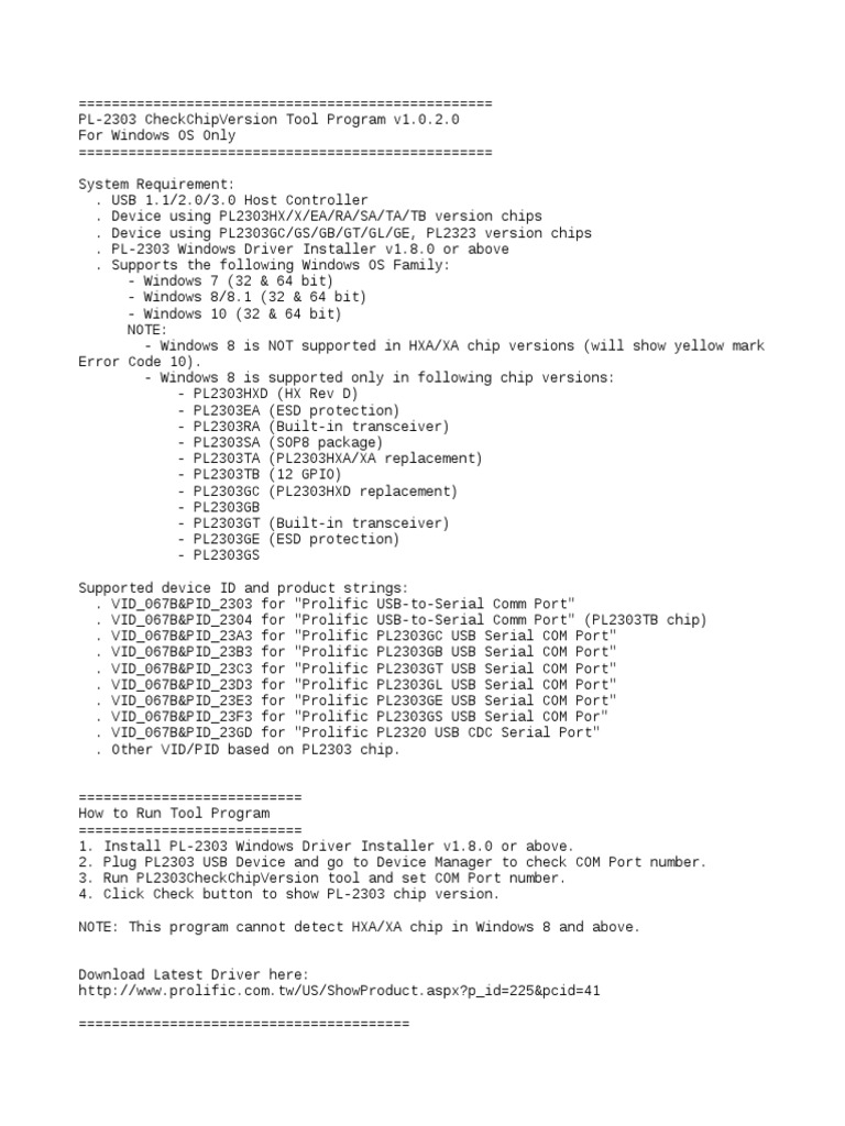 PL23XX CheckChipVersion ReadMe | PDF | Computers | Technology & Engineering