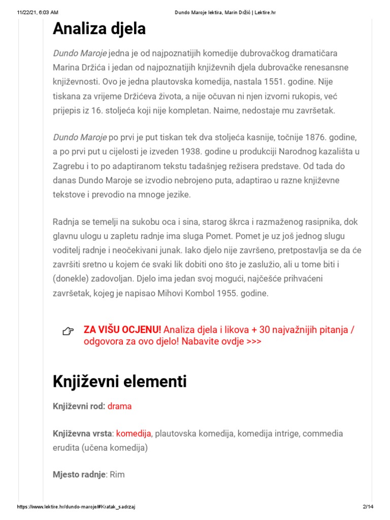 Dundo Maroje Lektira, Marin Držić - Lektire - HR | PDF