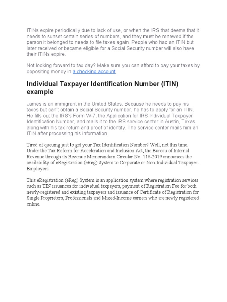 Individual Taxpayer Identification Number (ITIN) Example: A Checking ...