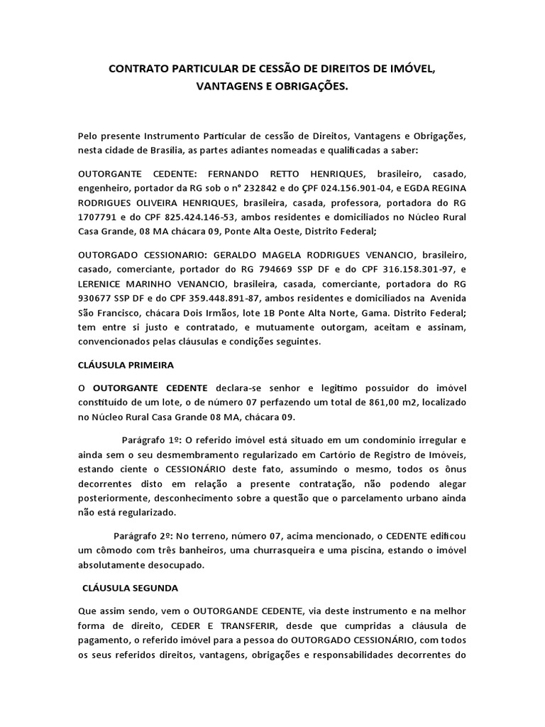 Contrato Particular De Cessão De Direitos De Imóvel Geraldo Pdf