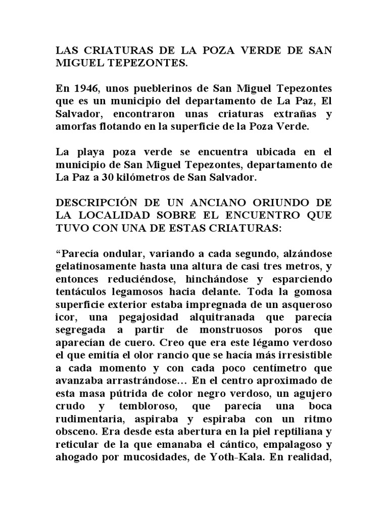 Las Criaturas de La Poza Verde de San Miguel Tepezontes. | PDF