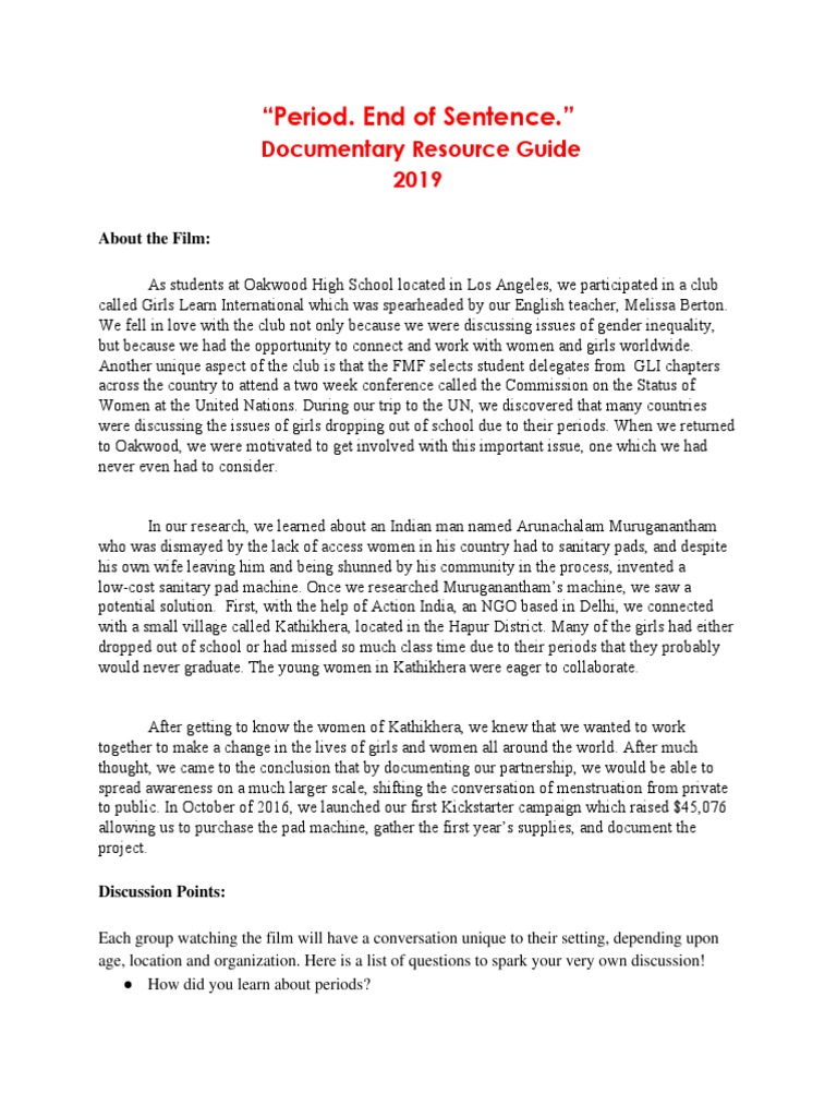 "Period. End of Sentence. Resource Guide 1 | PDF | Menstruation