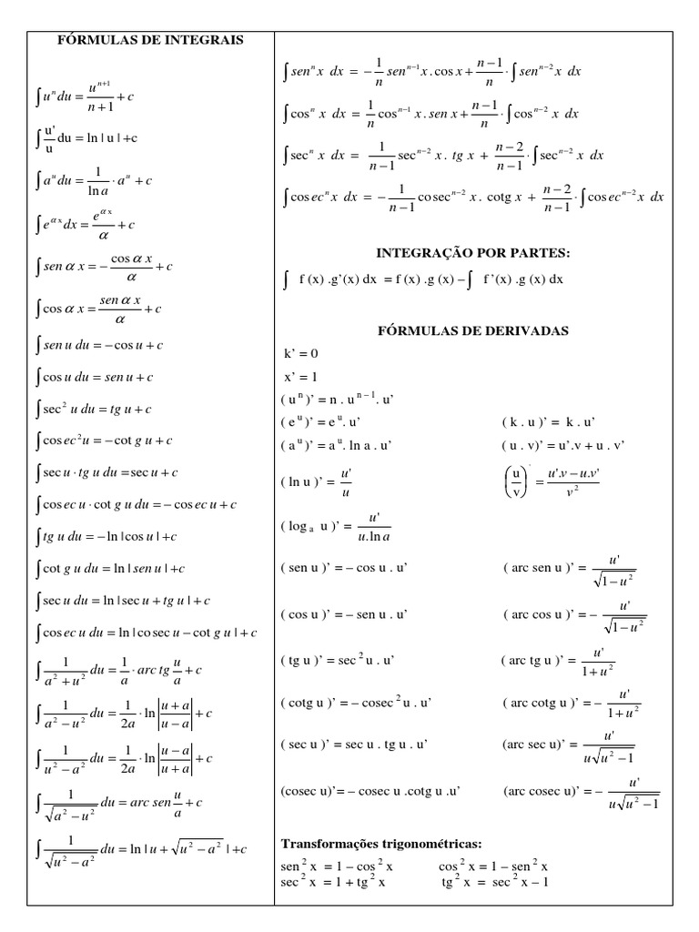 Fórmulas de Integrais: N N - 1 U U U U | PDF