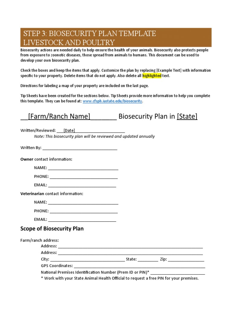 Step3 Biosecurity Plan Template Livestock Poultry | PDF | Manure | Hand ...