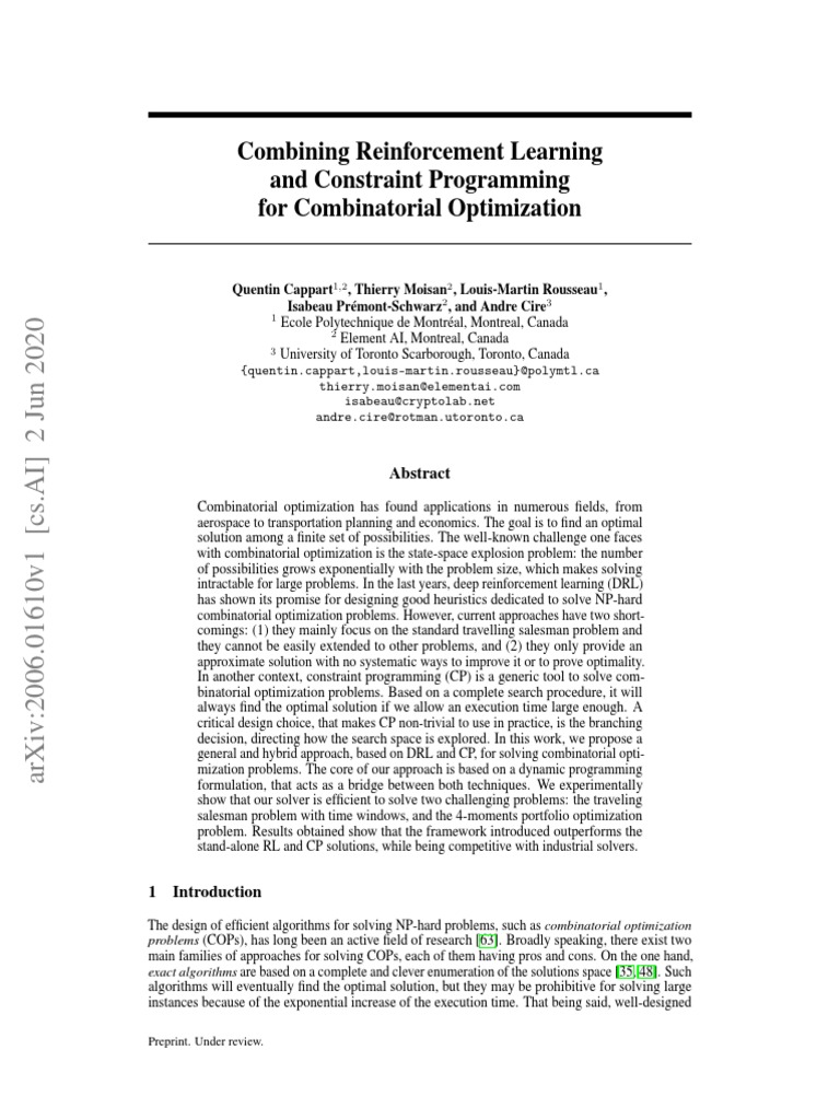 Combining Reinforcement Learning and Constraint Programming For Combinatorial Optimization | PDF ...