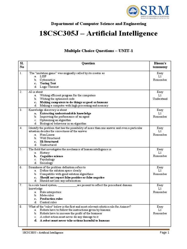 18CSC305J - Artificial Intelligence: Department of Computer Science and Engineering | PDF ...