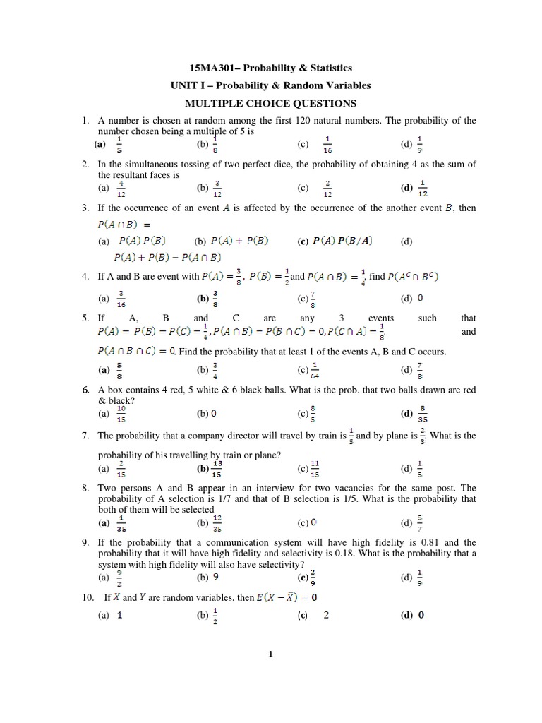 Multiple Choice Questions on Probability Distributions and Random ...